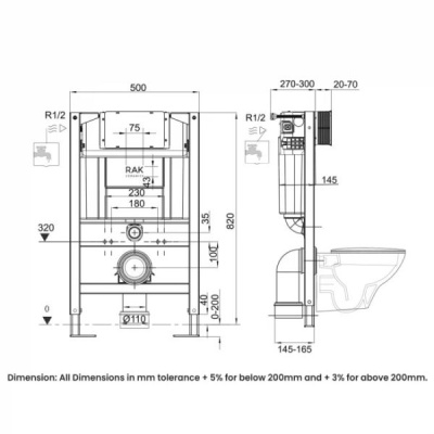 RAK Top & Front Concealed Cistern & Frame for Wall Hung Pan - 12cm wall thickness | Low Height ...